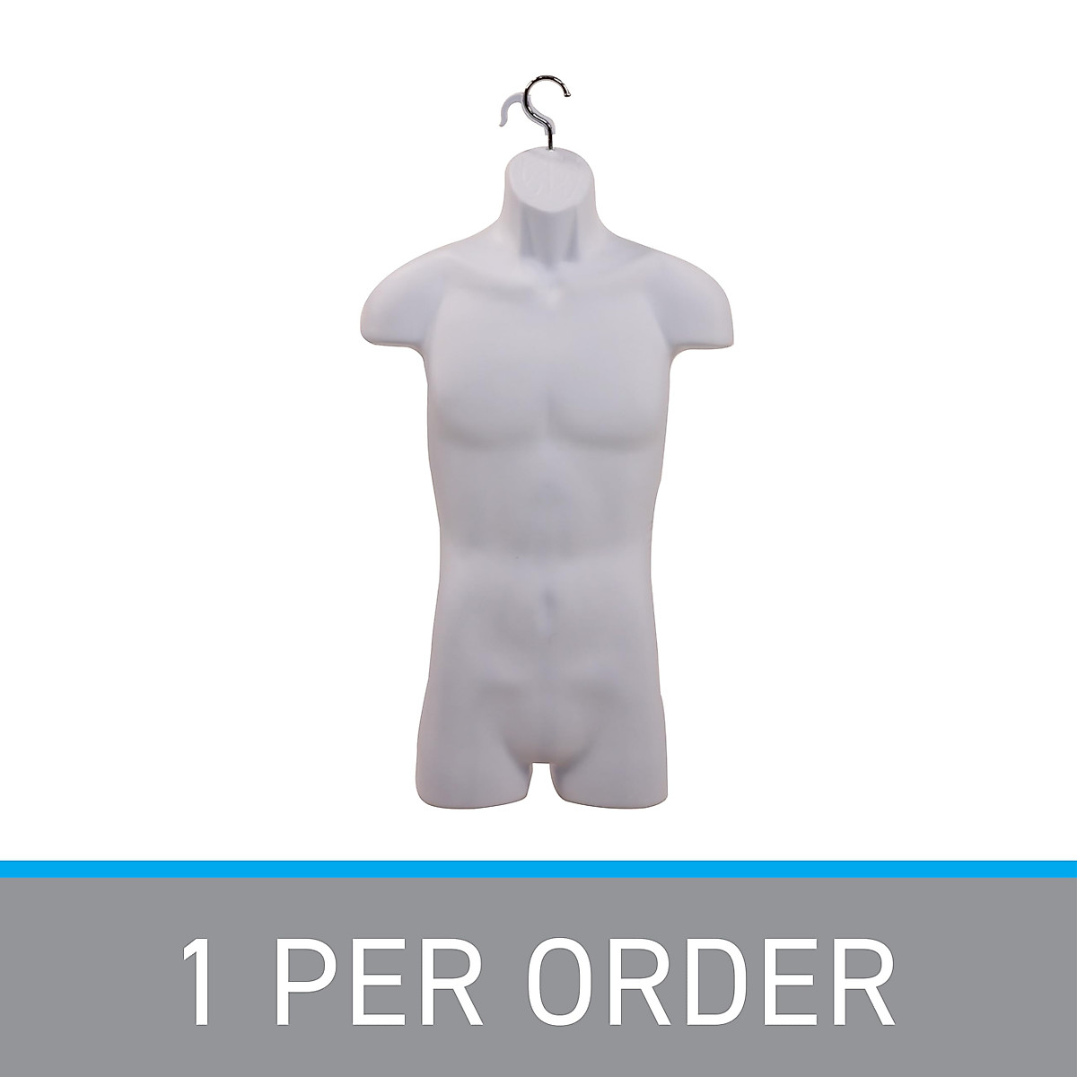 SSWBasics Male Molded Shatterproof White Shapely Torso Form with Hook - Fits Men's Sizes