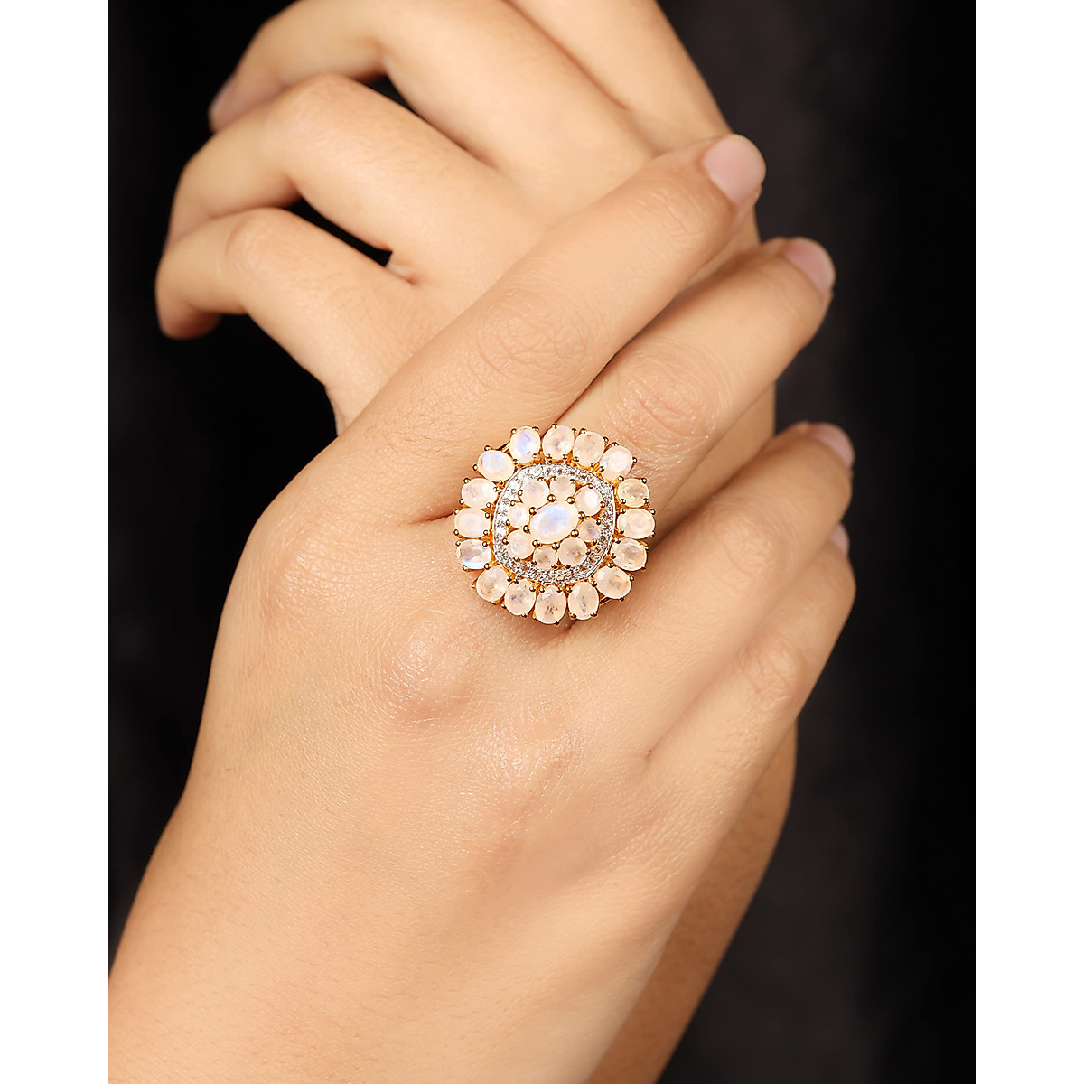 YoTreasure Natural Rainbow Moonstone White Topaz Yellow Gold Plated Over 925 Silver Women's Engagement Ring Jewelry