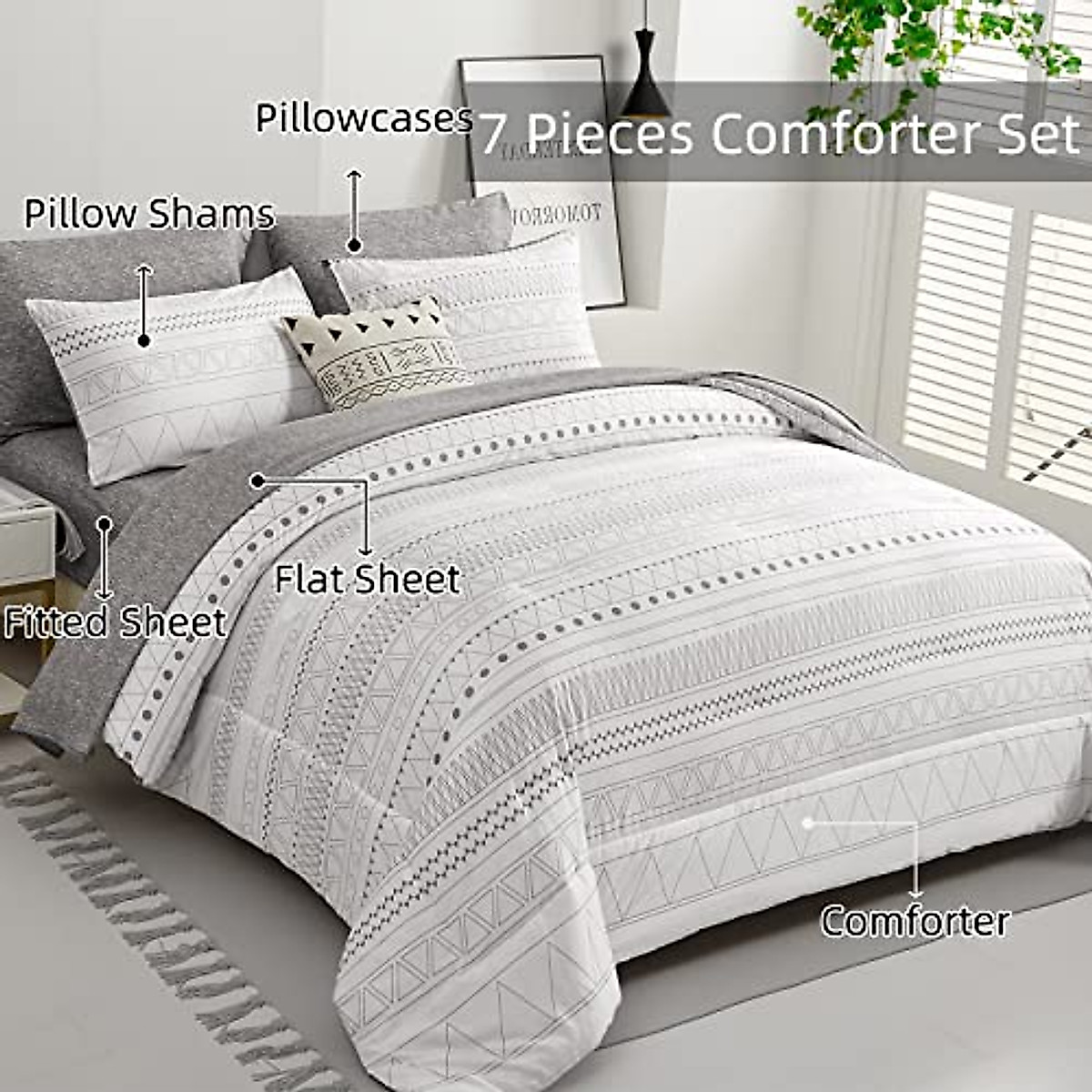 Boho Comforter Set Queen,7 Pieces Bed in a Bag White Grey Comforter Geometric Bedding Set Bohemian Soft Microfiber Queen Size(1 Comforter,2 Pillowcases,1 Flat Sheet,1 Fitted Sheet,2 Pillow Shams)