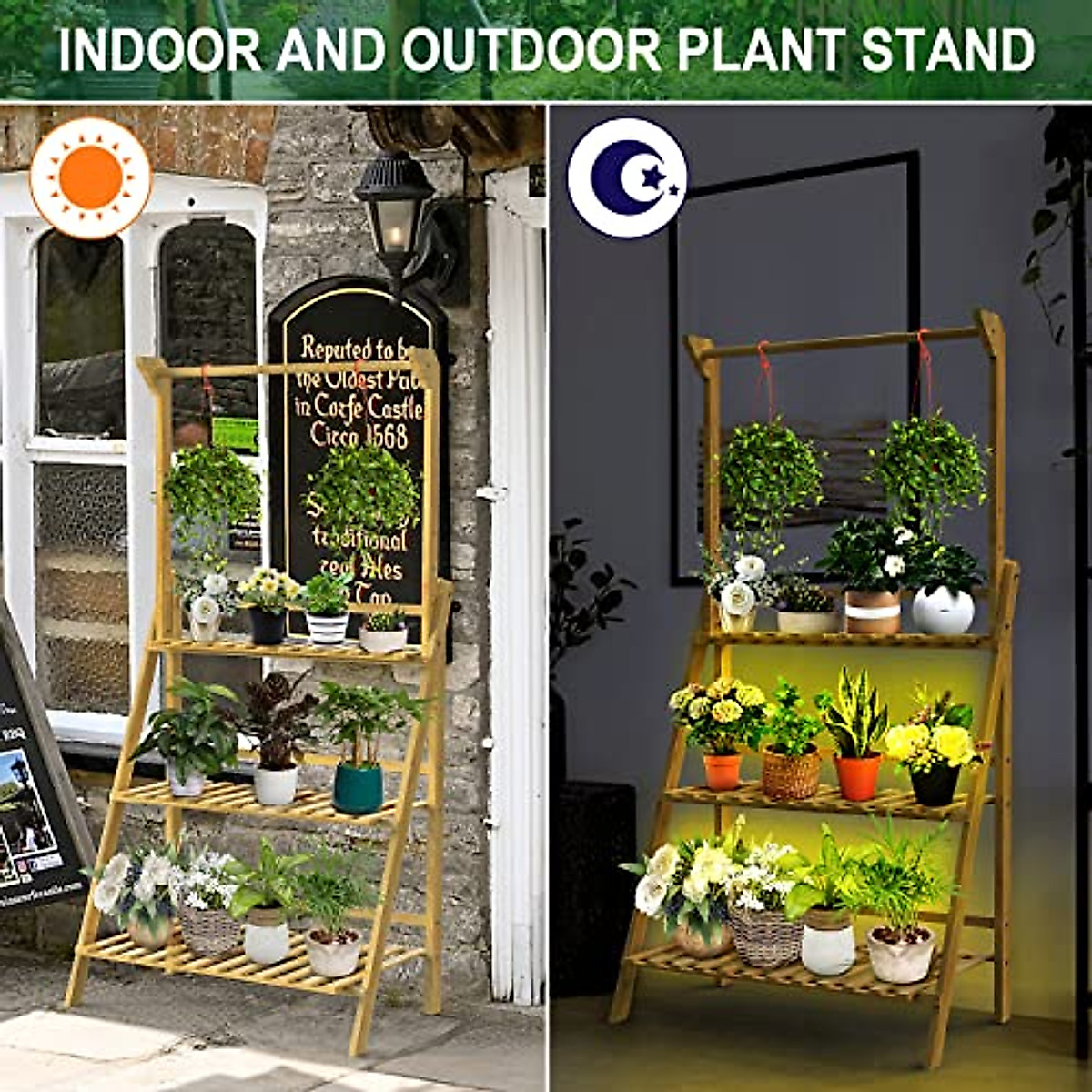 Bamboo Plant Stand with Grow Lights Multiple Flower Ladder Planter Pot Holder Hanging Plant Shelf Rack Display Organizer for Indoor Outdoor Patio Garden Corner Balcony Living Room Tall 3Tier 12 Potted