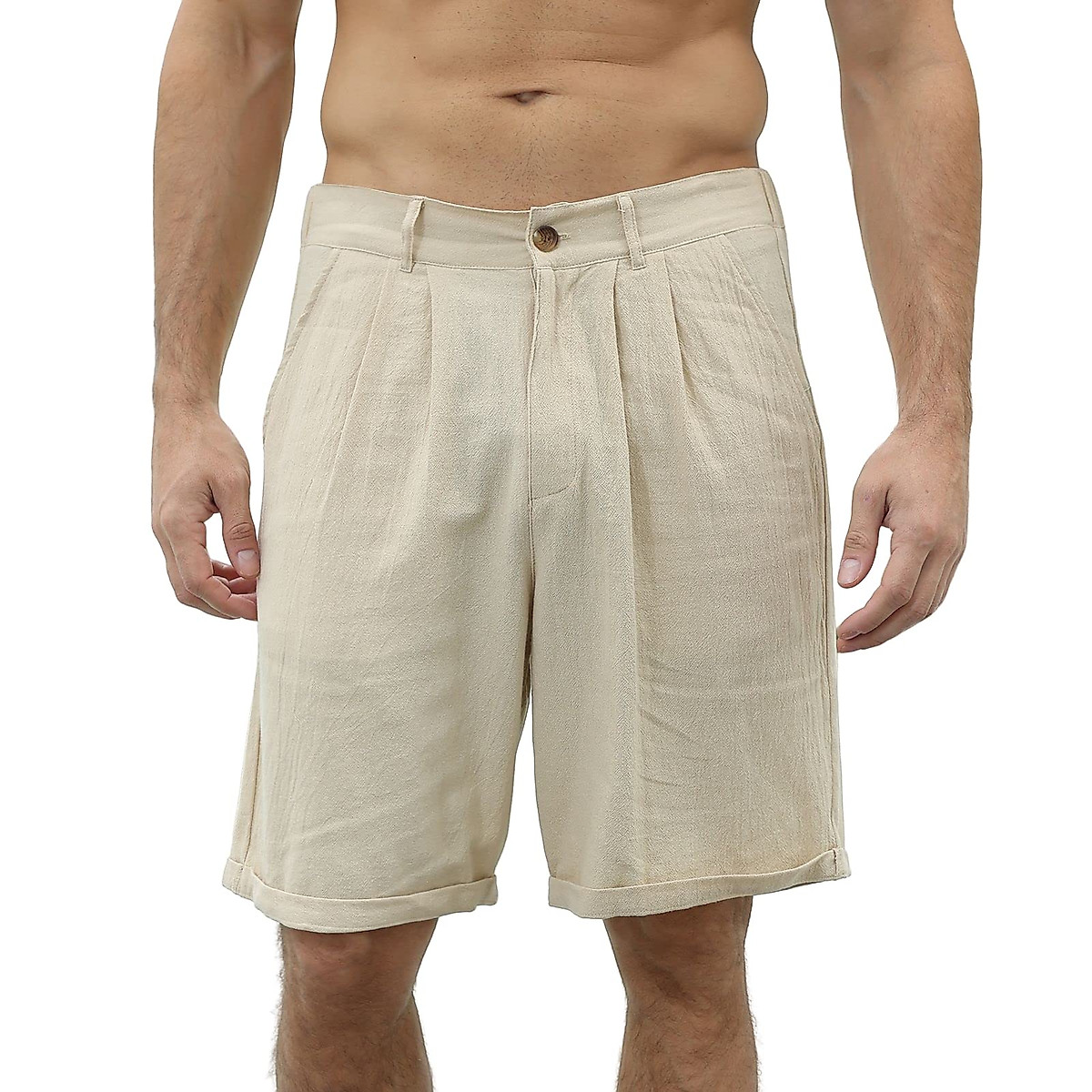 Men's Linen Casual Beach Shorts Cotton Classic Summer Shorts with Buttons Elastic Waist Khaki