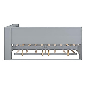 Hlcodca Wooden Full Size Daybed with Twin Size Trundle, Daybed with Storage Shelf and USB Charging Ports, for Kids Teens Adult Bedroom (Gray/Full + Daybed)