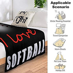 Vbadag Super Soft Throw Blanket for Couch Sofa or Bed Throw Size, Travel Fuzzy Plush Blanket, Funny Flannel Lap Blanket, Cozy Comfy for All Seasons (I Love Softball, 50"x60")