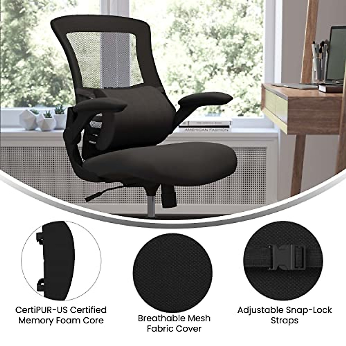 Flash Furniture Rey Lumbar Support Back Pillow Office Chair and Car Seat Cushion with Adjustable Straps and CertiPUR-US Certified Memory Foam, Set of 1, Black