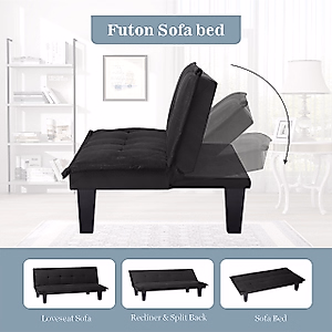 KoiHome Futon Sleeper Sofa with Adjustable Back, Modern Twin Size Chaise with Brown Legs, 2-Seater Couch, Contemporary Home Furniture for Living Room,Bedroom,Office,Waiting Room, Faux Suede, Black