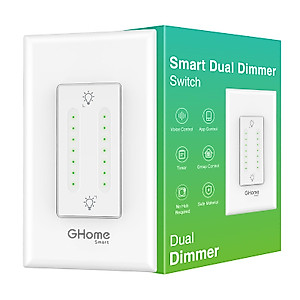 GHome Smart Dual Dimmer Switch Compatible with Alexa Google Home, 2.4GHz Wi-Fi Switch for Dimmable LED CFL INC Light Bulbs, Space Saving, Neutral Wire Required,1 Pack