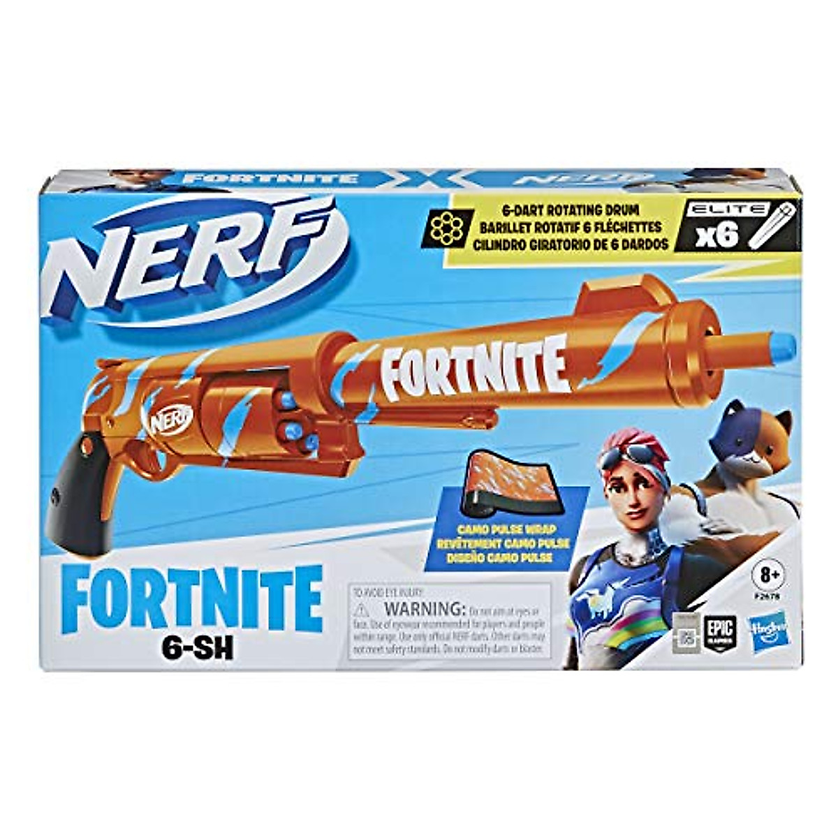 NERF Fortnite 6-SH Dart Blaster - Camo Pulse Wrap, Hammer Action Priming, 6-Dart Rotating Drum, Includes 6 Official Elite Darts