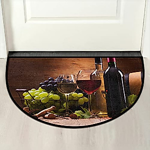 AMELIA SHARPE Welcome Half Round Door Mat Wine Bottles Grape Fruit Old Wooden Washable Home Kitchen Art Restaurant Office Floor Mats Non Slip and Durable Doormats Decor 18x30 Inch
