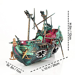 SLOCME Aquarium Shipwreck Decorations - Air Bubbler Sunken Ship Ornament, Fish Tank Air Action Aerating Decorations