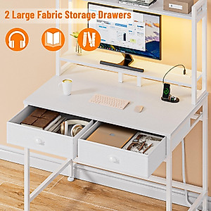 Furologee Small White Desk with Drawers, 36 Inch Home Office Computer Desk with Power Outlet and LED Light, Vanity Desk with Storage Shelves, Modern Work/Writing/Study Table for Bedroom, White