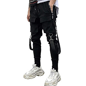 MOKEWEN Men's Multi Pocket Street Punk Hip Hop Casual Cargo Trousers Joggers Dancing Harem Pant 31-32
