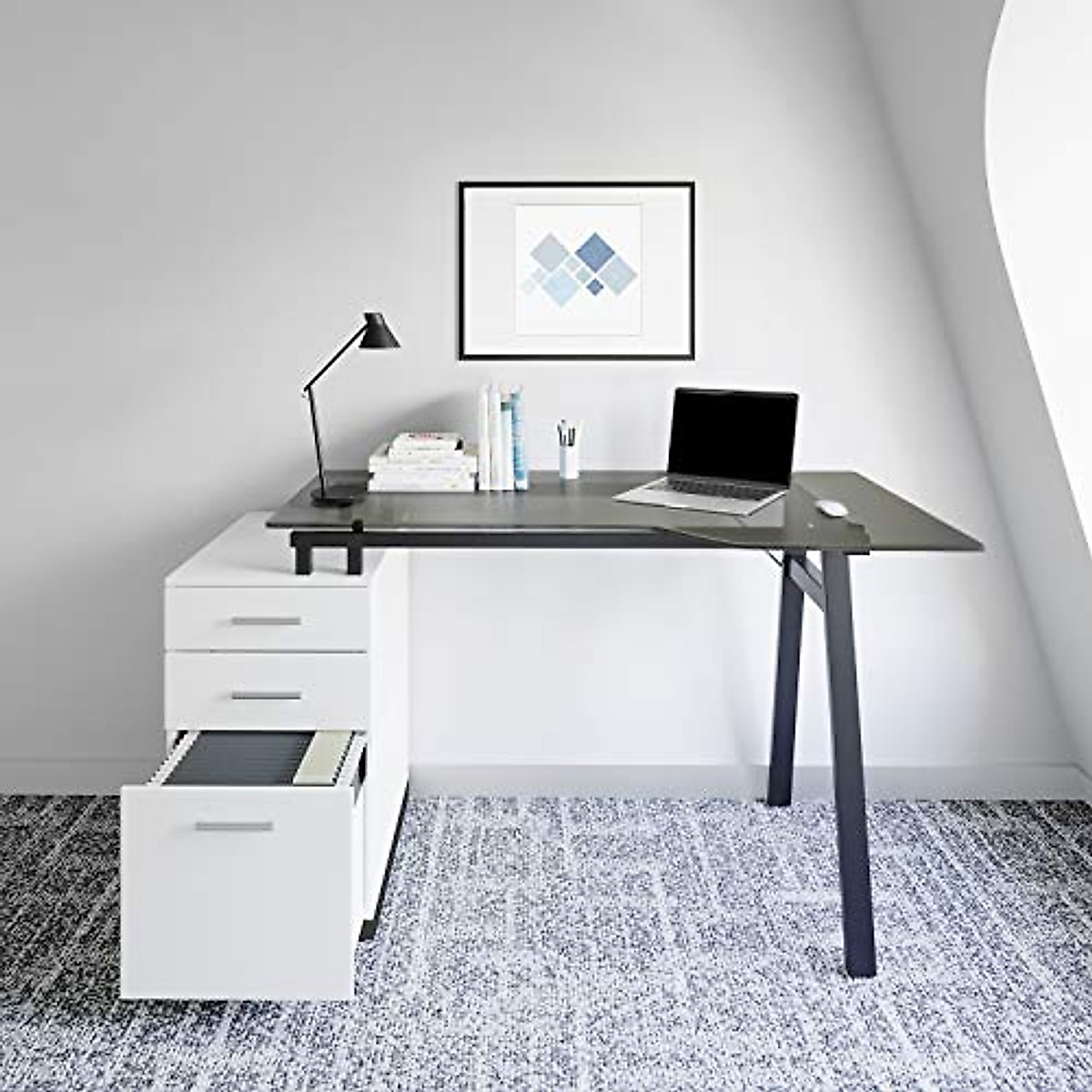 Techni Mobili Modern Smoke Tempered Glass top & Storage Home Office Computer Writing Desk Workstation with Two Cupholders and a Headphone Hook-Pine, 59.5" D x 29.25" W x 29.5" H, White