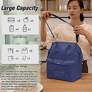 Mziart Large Insulated Lunch Bag with Adjustable Shoulder Strap, Reusable Bento Lunch Bag Wide-Open Lunch Tote Bag Handbag Lunch Box Cooler Bag for Women Men Office Work Picnic Beach(Dark Blue)