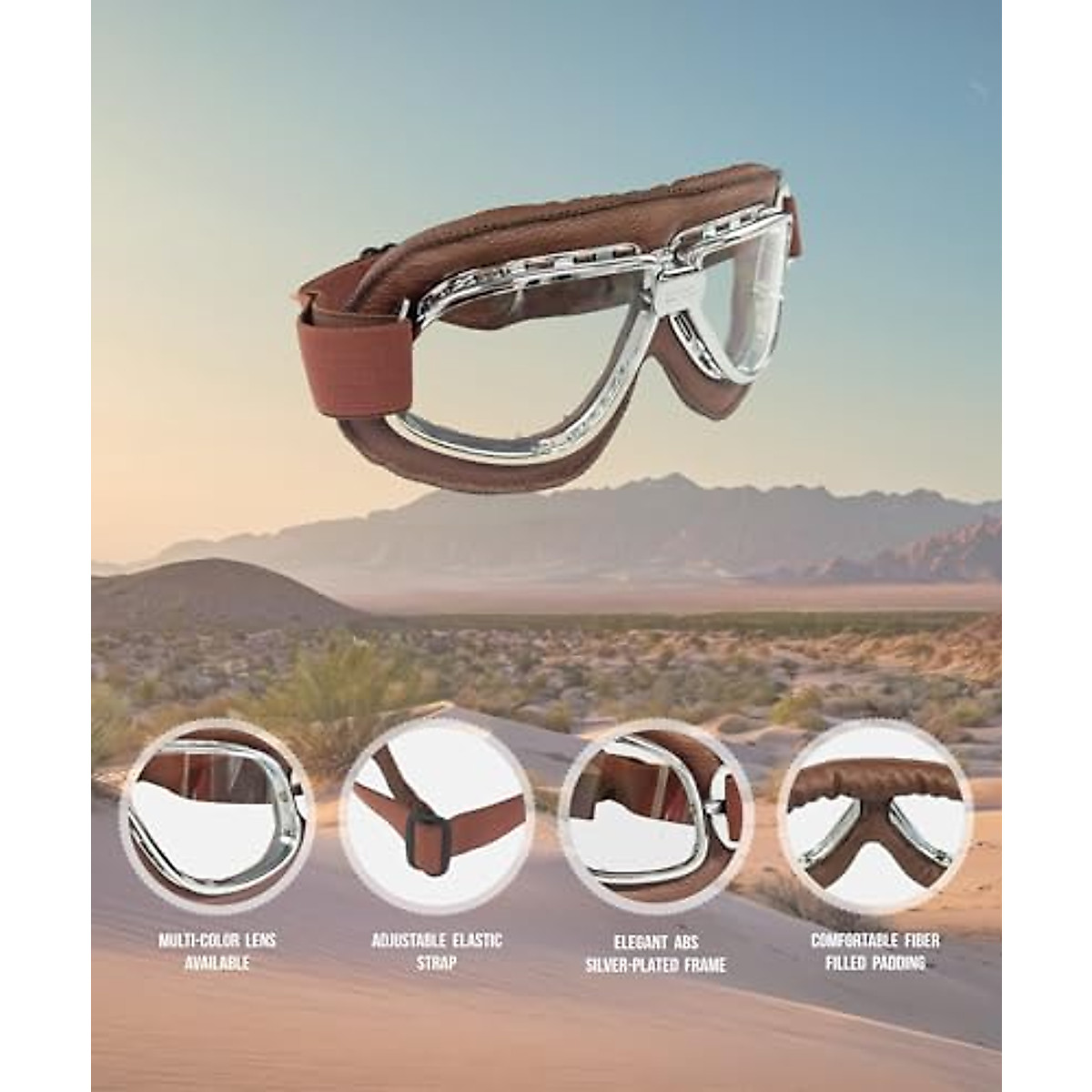 CRG Sports Motorcycle Goggle Aviator Pilot Style Cruiser Scooter Motocross Goggles for Men, Women, Adults