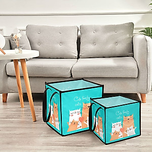 Poeticcity Cute Cats Family Parents and Children in Orange White on Turquoise Square Storage Basket Bin, Collapsible Storage Box, Baskets Organizer for Toy, Clothes Easy to Assemble 10.6x10.6x10.6 in
