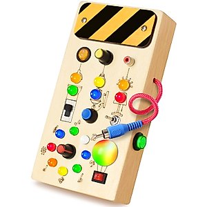 POLKRANE Busy Board with LED Light,Montessori Toys with Toggle Switch,Travel Toys and Wooden Toy for Educational Toddler Activities for 1 2 3 4 Year Old Boys & Girls (Rainbow)