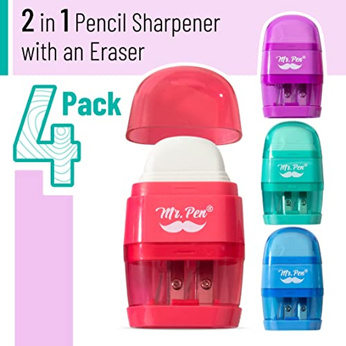 Mr. Pen- Pencil Sharpener & Eraser, 4 Pack, Colorful, 2 Sharpening Holes, Pencil Sharpeners Manual, Manual Pencil Sharpener, Pencils Sharpener, Handheld Pencil Sharpener, Small Pencil Sharpener