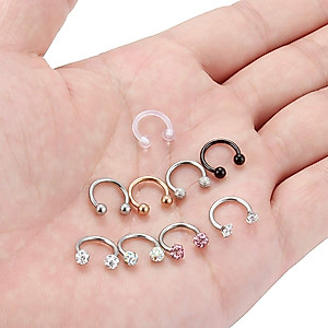 Hoeudjo 9PCS 16G Surgical Steel Lip Hoop Ring Crystal Cubic Horseshoe Barbell Tragus Cartilage Earring Helix Daith Hoop Piercing Body Piercing Jewelry Retainer for Women Men 8mm Silver-Tone