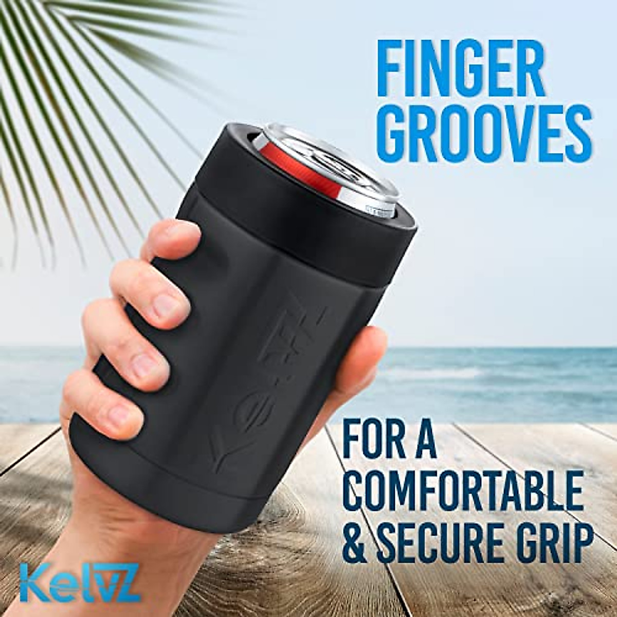 KelvZ Can Cooler Insulated Beer & Soda Can Cooler with 2 Foam Sleeves - Stainless Steel Can Cooler for Cold Drinks, 12 Oz Can Cooler & Beer Can Holder - Fits Standard 12oz Cans & Bottles - Black