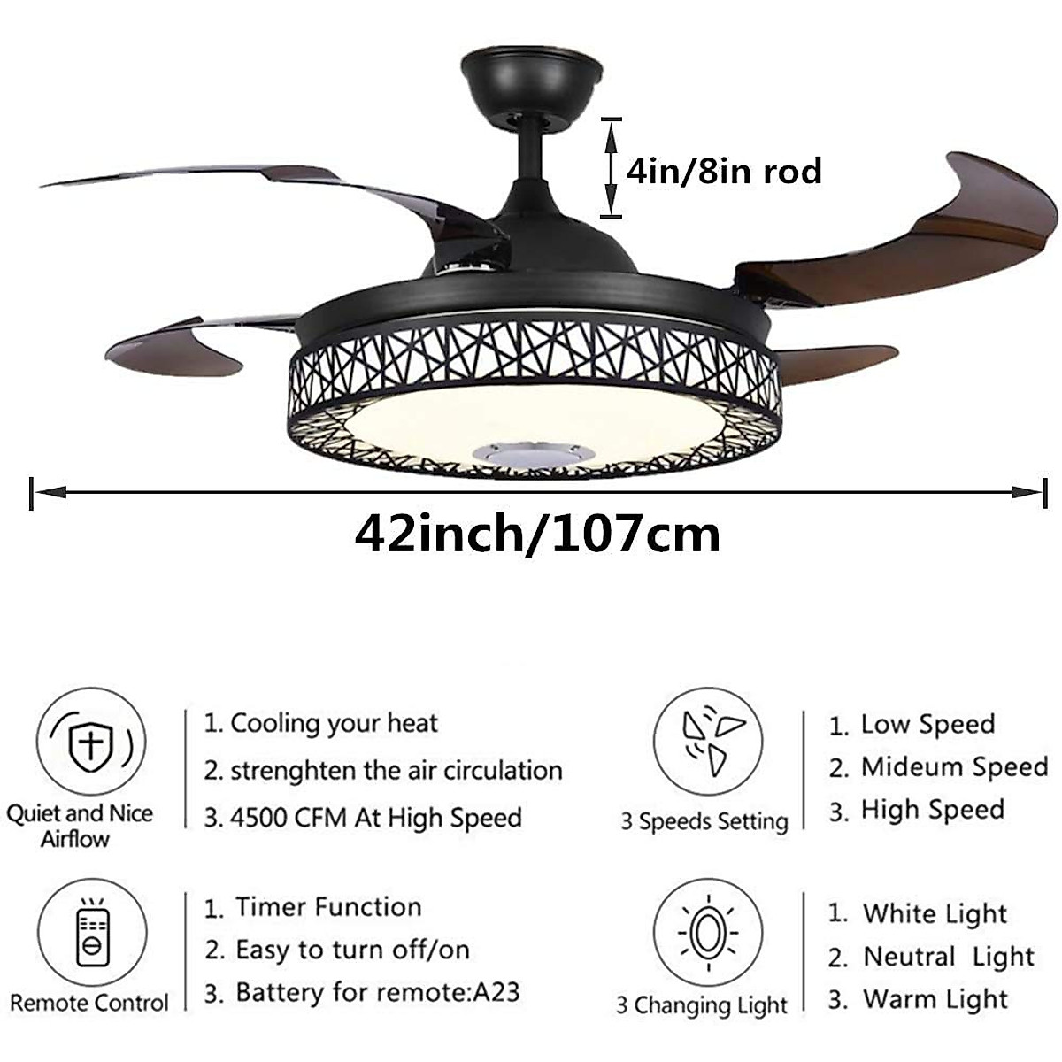 Razaban 42 inch Ceiling Fan Light with Bluetooth Speaker and Remote Control, Modern 3-Color Dimming Chandelier Mute Ceiling Fans with Lights for Bedroom Dining/Living Room (42inch-Black)