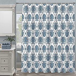 SUMGAR Boho Damask Flowers Shower Curtain Blue and White, Retro Ogee Pattern Bathroom Curtains, Classic Paisley Totem Moroccan Beach Fabric Shower Curtains Set with Hooks 72x72 Inches