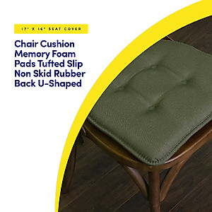 Sweet Home Collection Chair Cushion Memory Foam Pads Tufted Slip Non Skid Rubber Back U-Shaped 17" x 16" Seat Cover, Army Green 6 Count