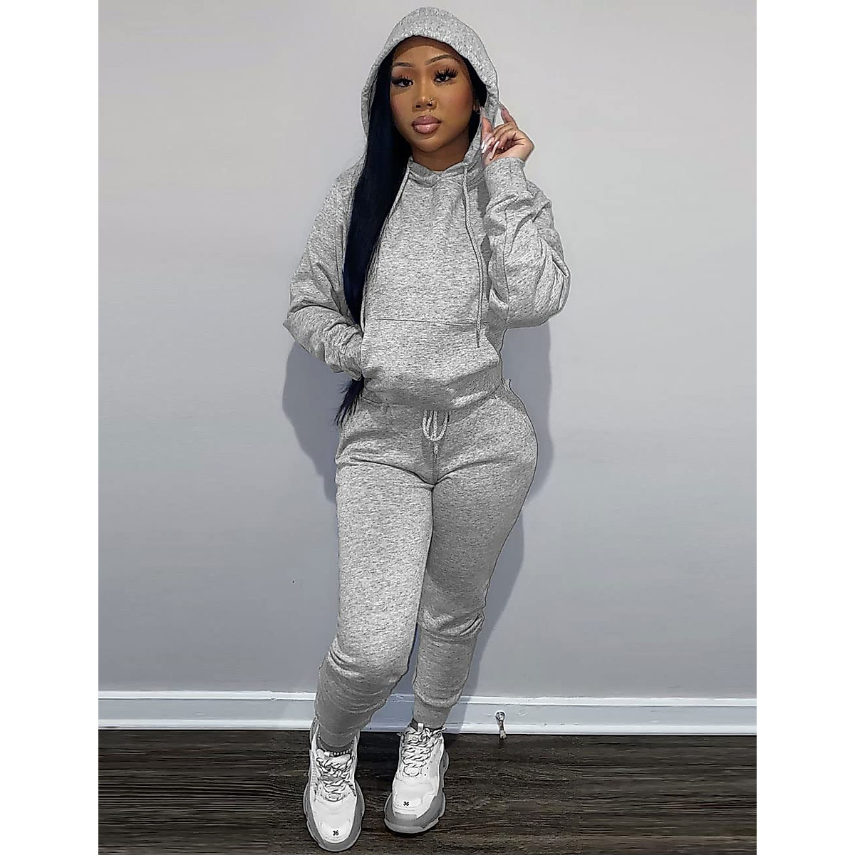 Alunzoem Jogger Set for Women Two Piece Long Sleeve Hoodies Pullover Top and Skinny Pants Sweatsuit Grey L