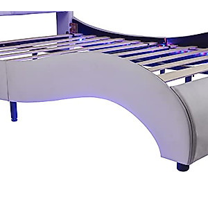Lostcat Queen Modern Upholstered Faux Leather Platform Bed with LED Light Bed Frame,Strong Wood Slats Support,Wave Like Curve Low Profile Bed Frame for Boys/Girls/Adult Bedroom,Easy Assembly,White