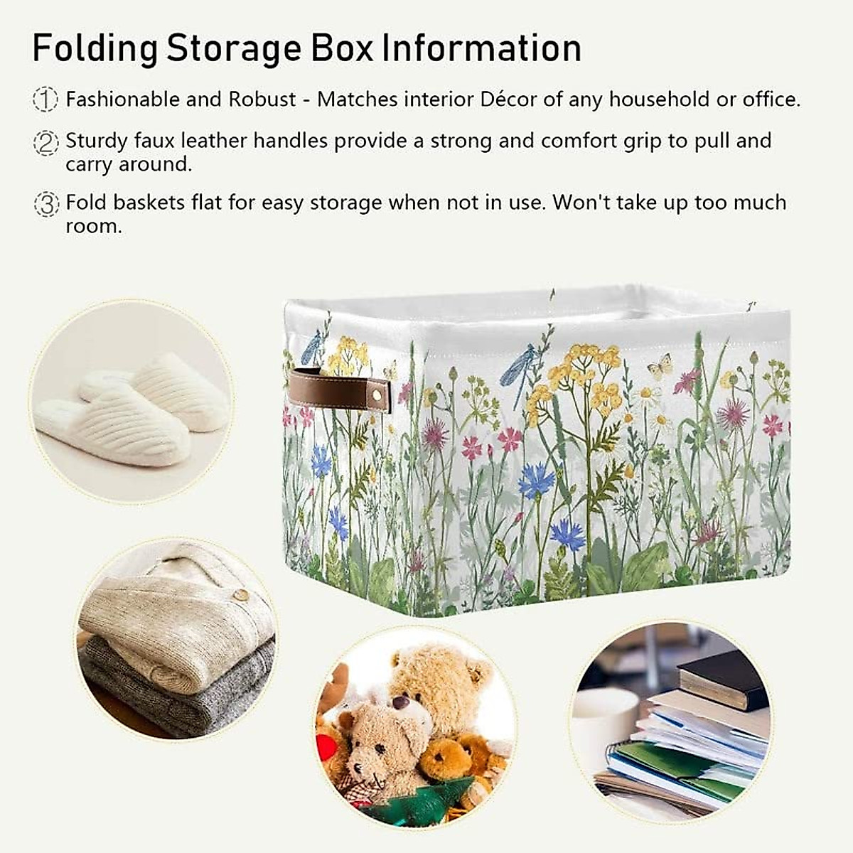 Storage Basket Cube Black White Flower Field Large Collapsible Toys Storage Box Bin Laundry Organizer for Closet Shelf Nursery Kids Bedroom,15x11x9.5 in,1 Pack