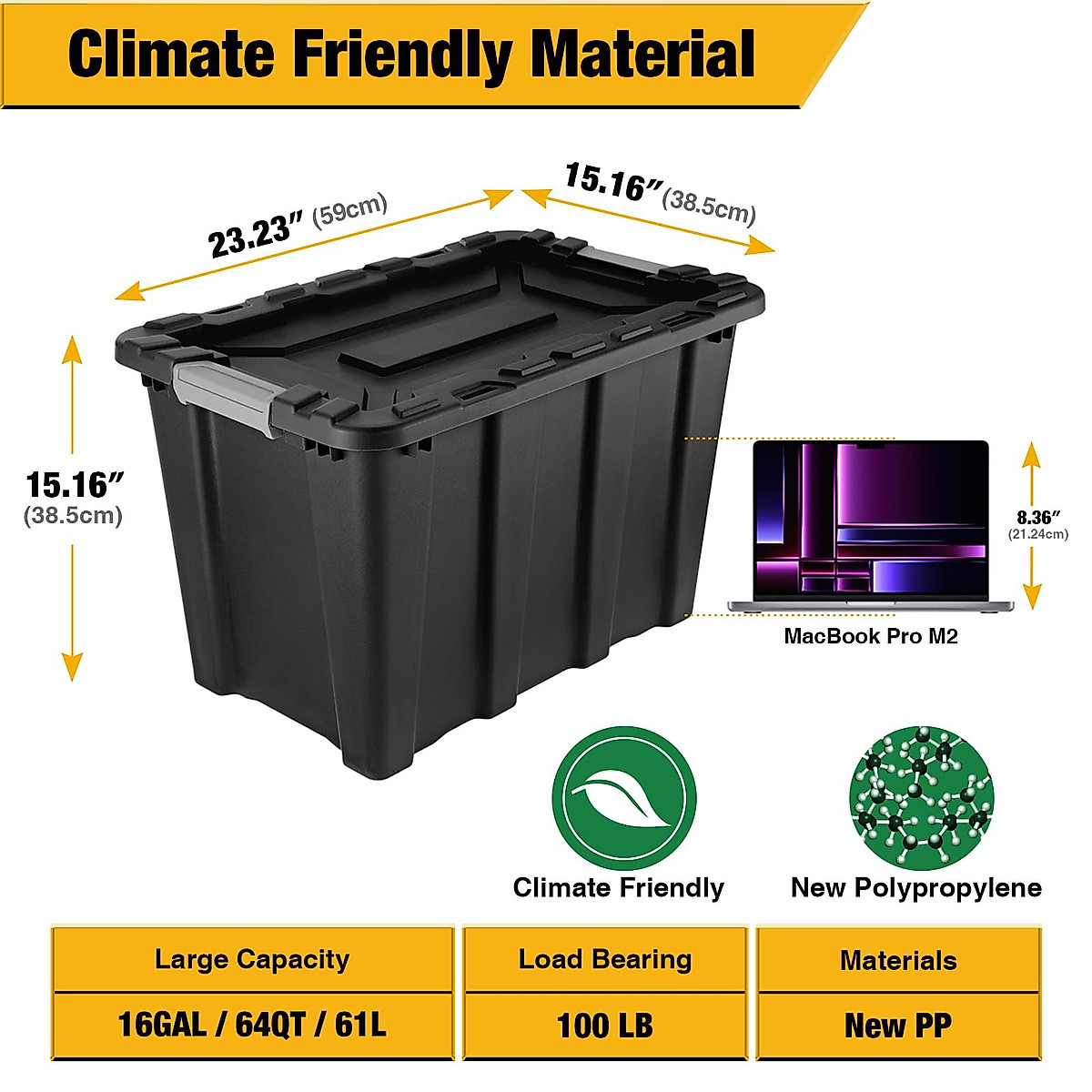 BROVIEW V12 11Gal Heavy Duty Plastic Storage Bins with Latching Lids, Stackable Tough Tote Storage Box Containers with Lock Hole & Handle for Garage Workshop Metal Rack (Black Base/Blue Lid, 4Pack)