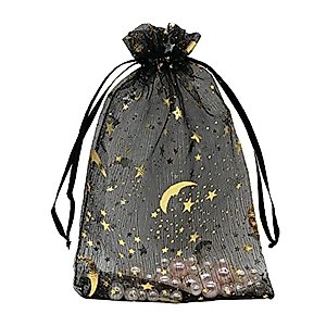 Jexila 100PCS Black Organza Bags 5''X7'' Moon Star Pattern Mesh Jewelry Gift Bags with Drawstring for Wedding Party Favor Small Candy Bags