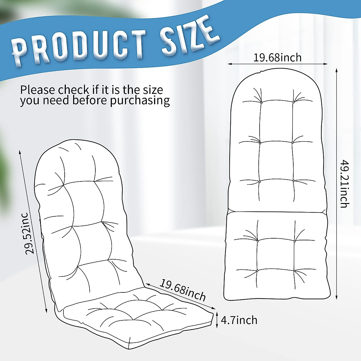 Vemkyrio 4 Pack Adirondack Chair Cushion, Waterproof&Fade-Resistant Rocking Chair Cushion - High Back Patio Cushions Lengthen, Thickened Patio Chair Pad for Outdoor and Indoor (Blue)