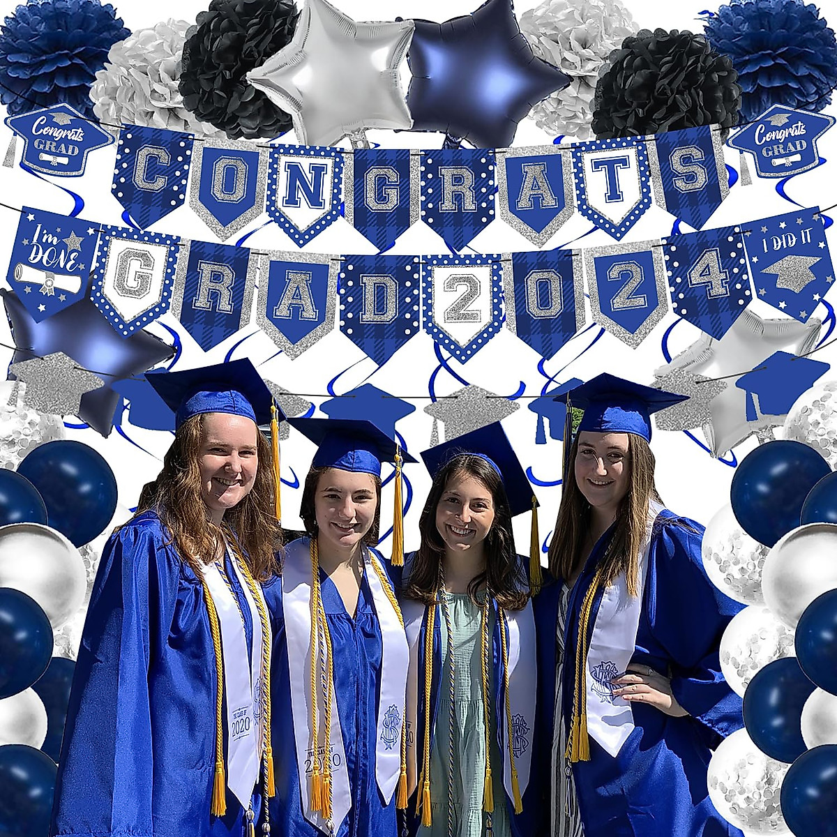 2024 Graduation Party Decorations Green White Gold Graduation Party Decorations Kit-Class of 2024 Congrats Grad Banners, Paper Pompoms,Foil Balloons for 2024 Green White Gold Graduation Party Supplies