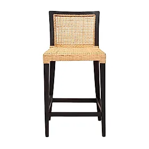 Baxton Studio Lingga Dark Brown Mahogany Wood and Natural Rattan Counter Stool