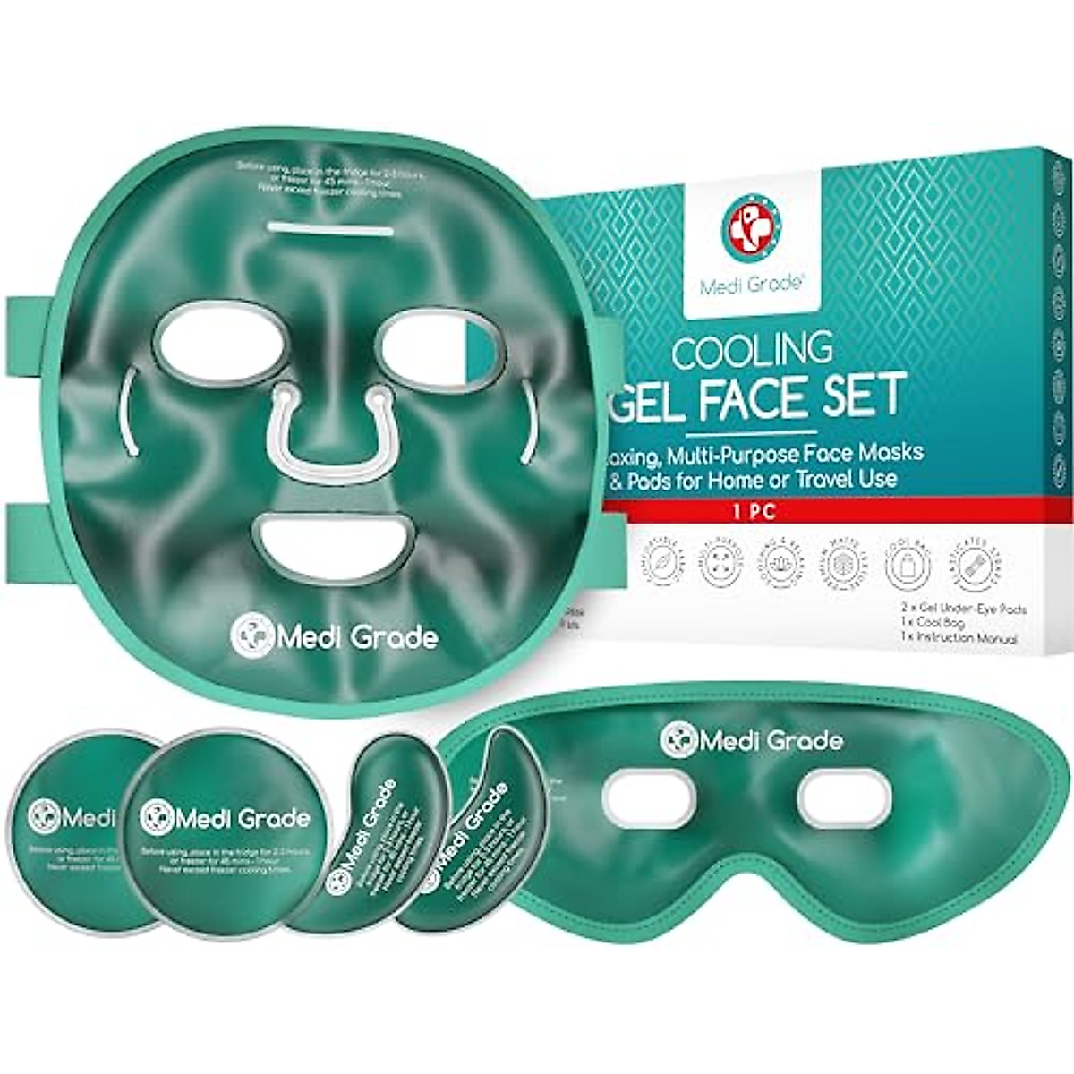 Medi Grade Cooling Ice Face Mask and Cooling Eye Mask for Puffy Eyes & Migraine Relief - Self Care Face Ice Pack with ChillGel Face Ice Mask Technology - Cooling Face Mask, Eye Pads and Bag