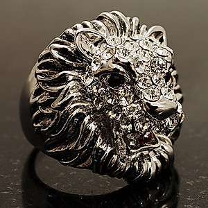 Avalaya Statement Rhodium Plated Crystal 'Lion' Ring - size 9