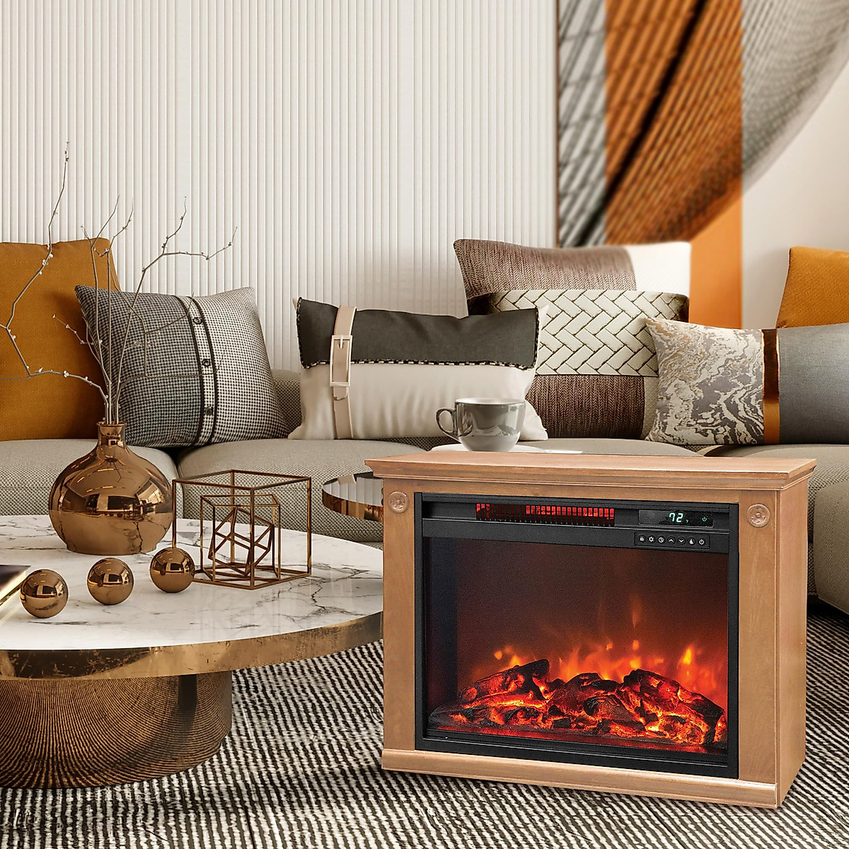 LifeSmart LifePro 1500 Watts Portable Electric Infrared Quartz Indoor Fireplace Heater with 3 Heating Elements, Remote and Wheels, Medium Oak Wood