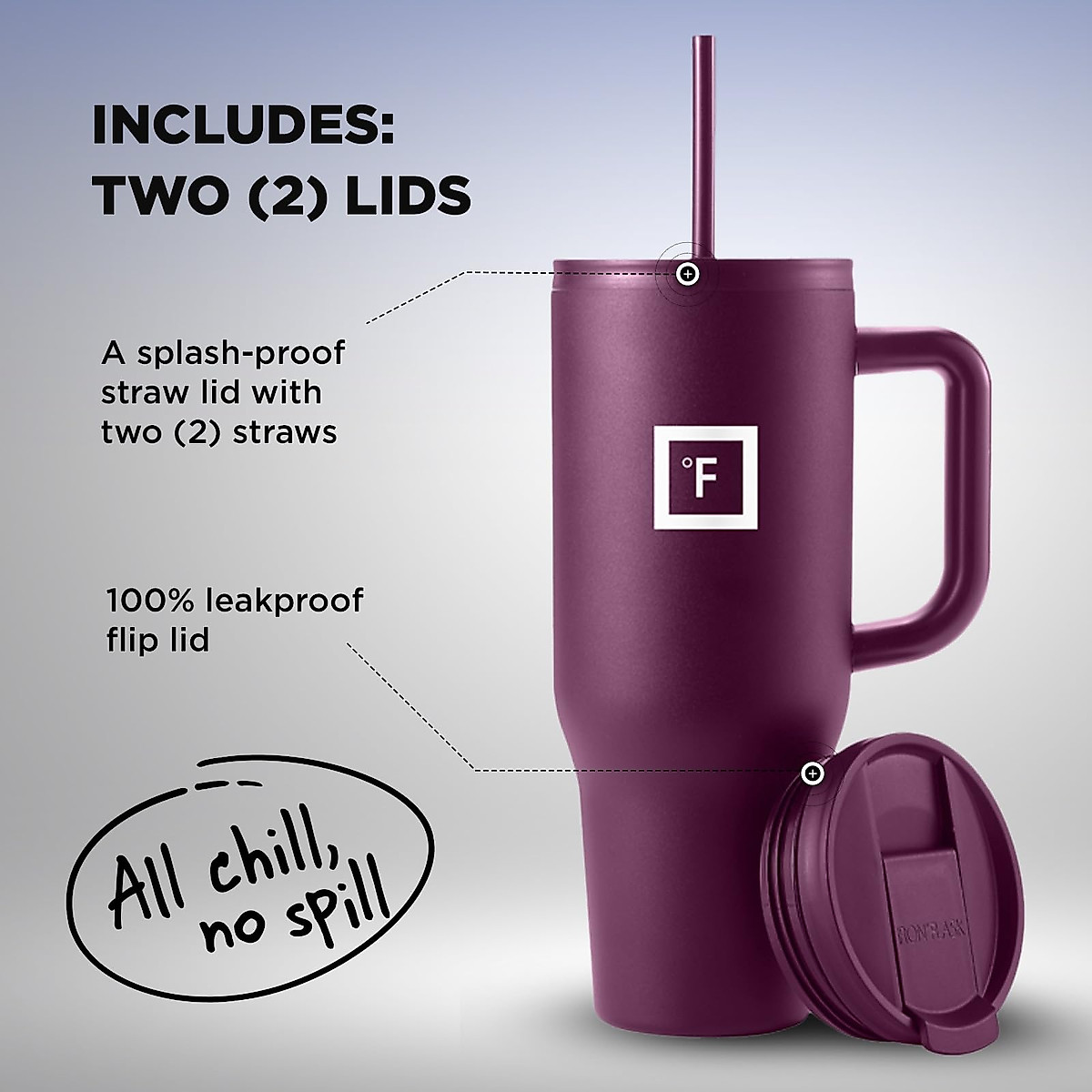 IRON FLASK Co-Pilot Insulated Mug w/Straw & Flip Cap Lids - Cup Holder Bottle for Hot, Cold Drink - Leak-Proof - Water, Coffee Portable Travel Mug - Burgundy, 40 Oz