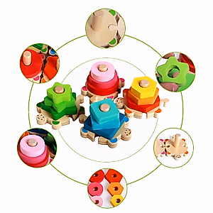 MUBEN Wooden Stacking Toys for Toddler 2 3 4 Year Old, Shape Sorter Montessori Educational Puzzle Blocks Toys, Best Gifts for Girls Boys Early Preschool Learning