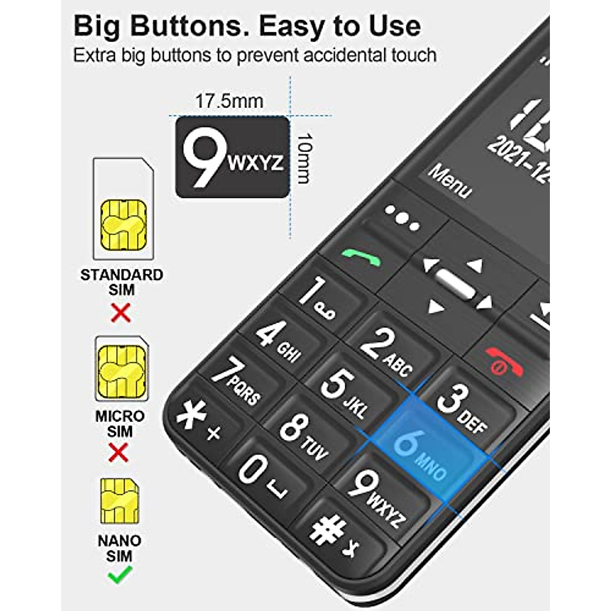 Easyfone Prime-A7 4G Big Button Cell Phone for Seniors | Easy-to-use | Clear Sound | 2.0'' HD Display | SOS Button w/GPS | Unlocked (T-Mobile & MVNOs) | 1500Mah Battery and Charging Dock (Black)