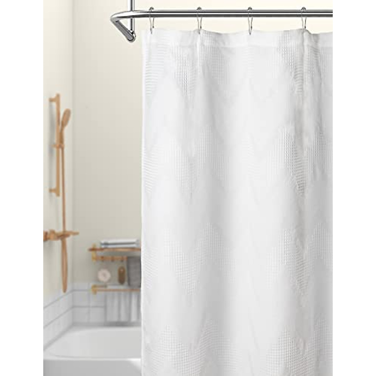 SUMGAR White Shower Curtain Waffle Weave Textured Soft Fabric Shower Curtains for Bathroom,Herringbone Jacquard Chevron Zig Zag Modern Boho Waterproof Shower Curtain Set with Hooks, 72" x 72"