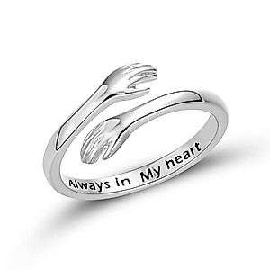 RINHOO Hug Rings for Women 18K Gold Plated Gold Silver Adjustable Ring for Mother Daughter(Always in my heart-Silver)