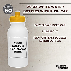 DISCOUNT PROMOS Custom White Water Bottles with Push Cap -50 pack, Customizable Text, Logo, 20 oz, Reusable BPA FREE Squeezable Bottles in Bulk - White Yellow