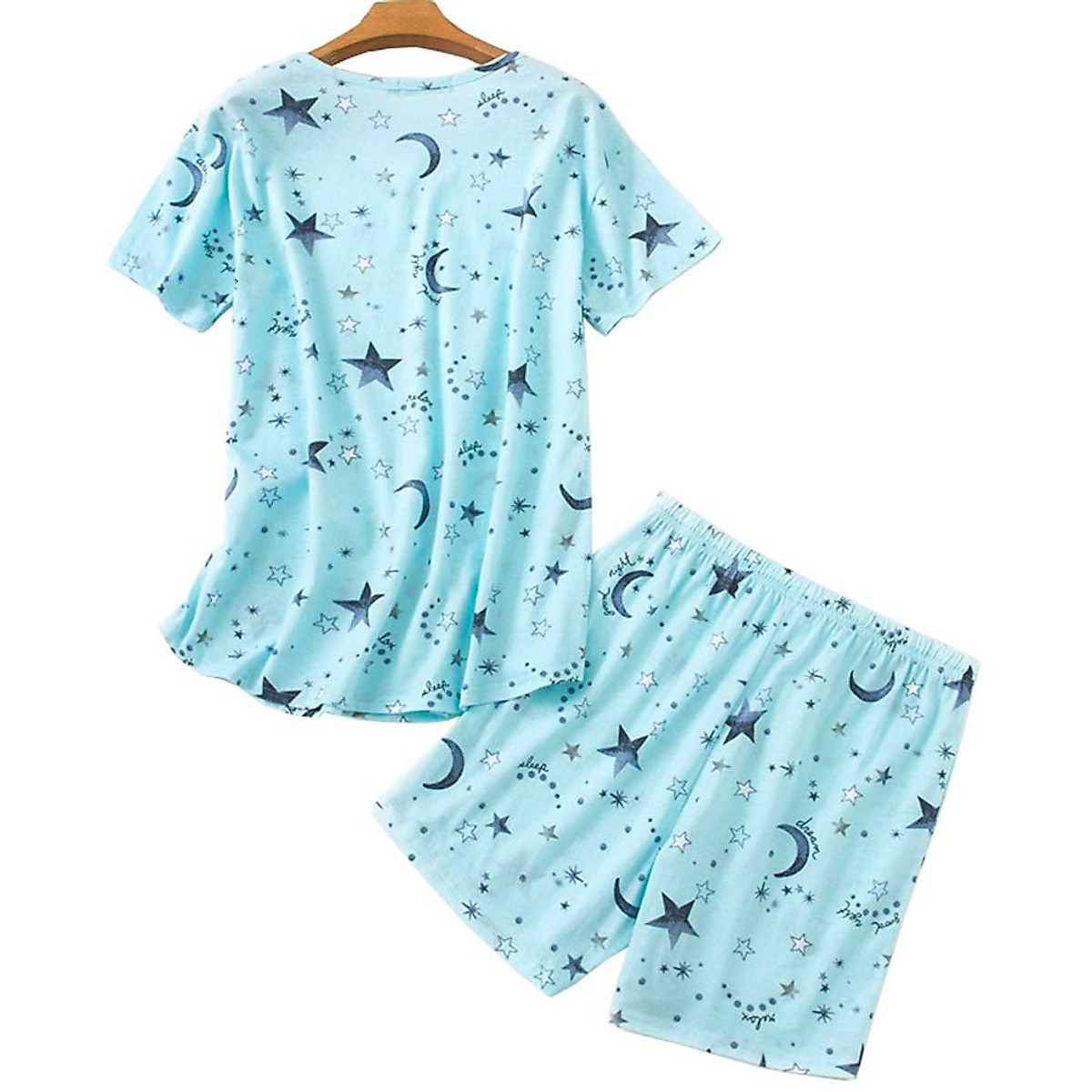 CHUNG Women Short Sleeve Shirt Pajamas Set with Shorts Bottom Pants Cotton V-neck Cute Pjs Sleepwear Lounge Wear Plus Size Summer (X-Large, Blue Star)