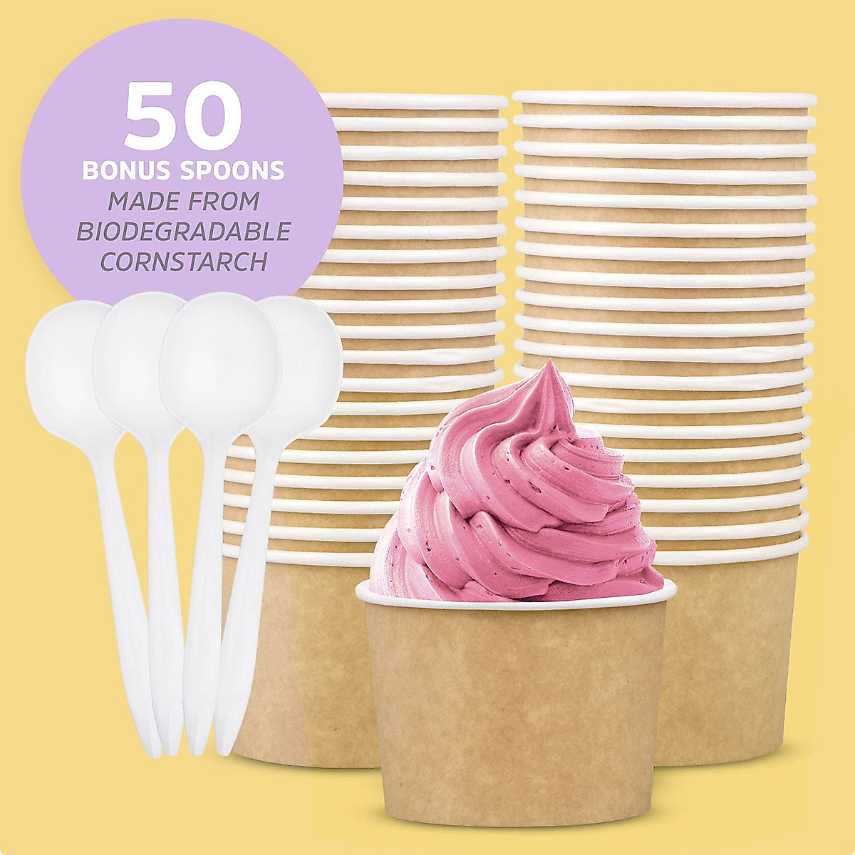 Promora 12 oz Paper Ice Cream Cups Disposable, Disposable Bowls for Hot Soup or Dessert with Spoons, Perfect for Hot & Cold Food, Disposable Soup Bowls, Ice Cream Bowls Disposable (Brown, 12 oz)