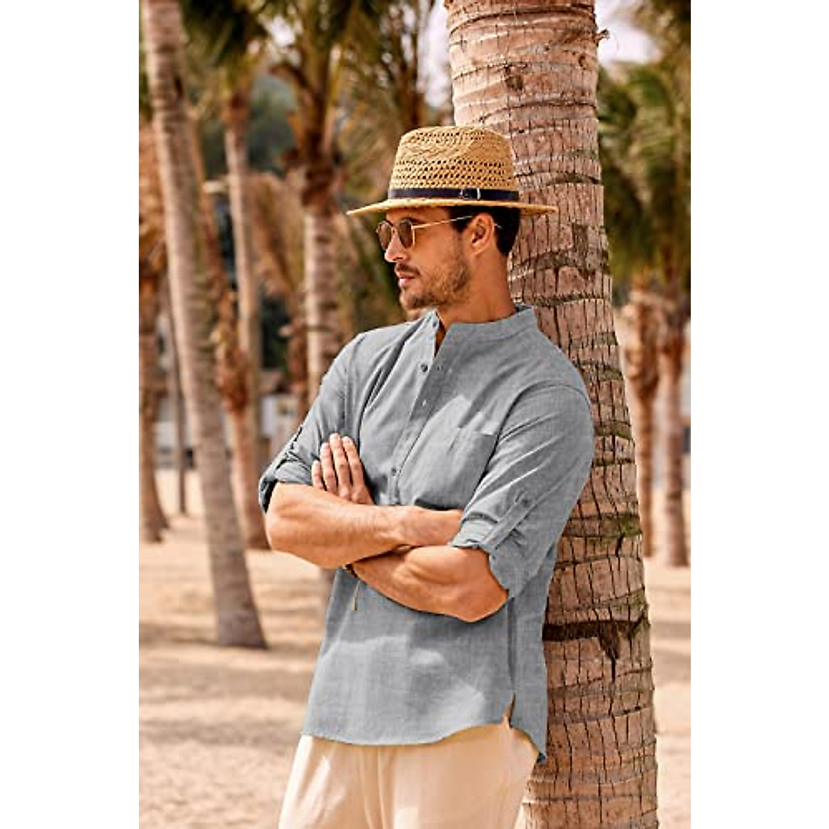 COOFANDY Men's Cotton Henley Shirt Long Sleeve Slim Fit Linen Casual Summer Beach Hippie T Shirt Light Grey