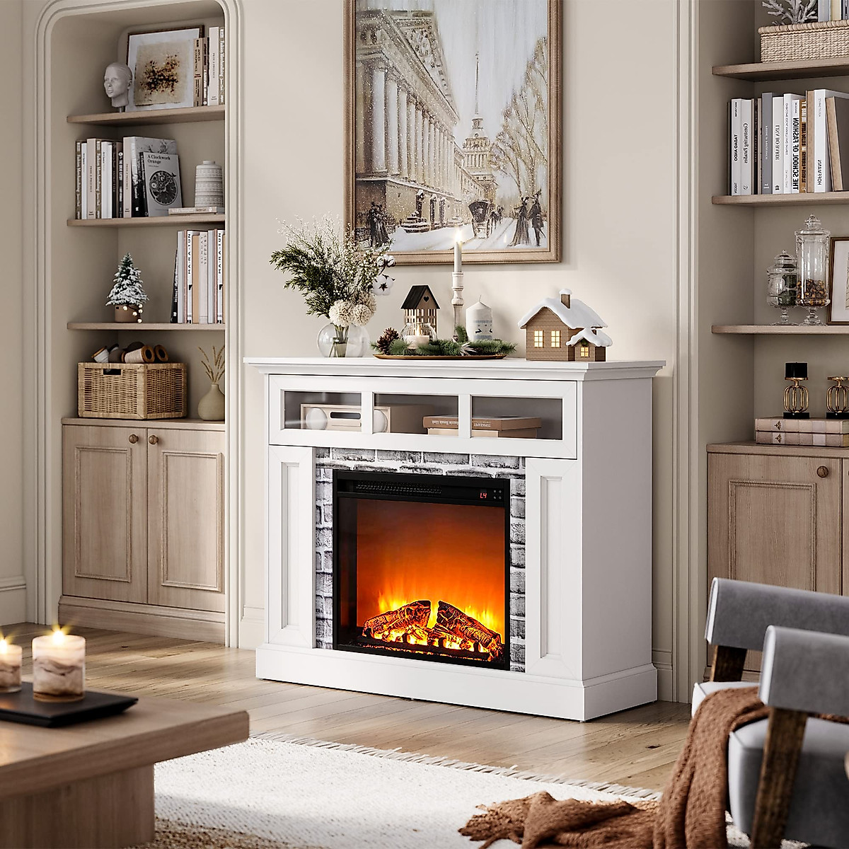 LINSY HOME Electric Fireplace Mantel, LED Faux Fireplace Heater with Remote Control & Adjustable Flame, Wooden Surround Firebox TV Console Table Free Standing Built-in Cabinet with Sliding Glass Door