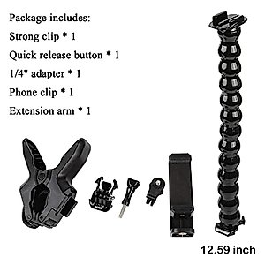 Jaws Flex Clamp Smartphone Mount with Adjustable Gooseneck（13 Sections） Compatible with iPhone Samsung,and GoPro Hero 9,8,7,6,5,4,, 3+, 2, 1, DJI Osmo Action Camera Mounts and Most Action Cameras