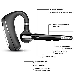Bluetooth Headset CVC8.0 Dual-Mic Active Noise Cancelling Wireless Bluetooth Earpiece V5.1 Bluetooth Headphones 16 Hrs HD Talktime Hands-Free Earphones for Trucker/Business/Office/Driving (Black)
