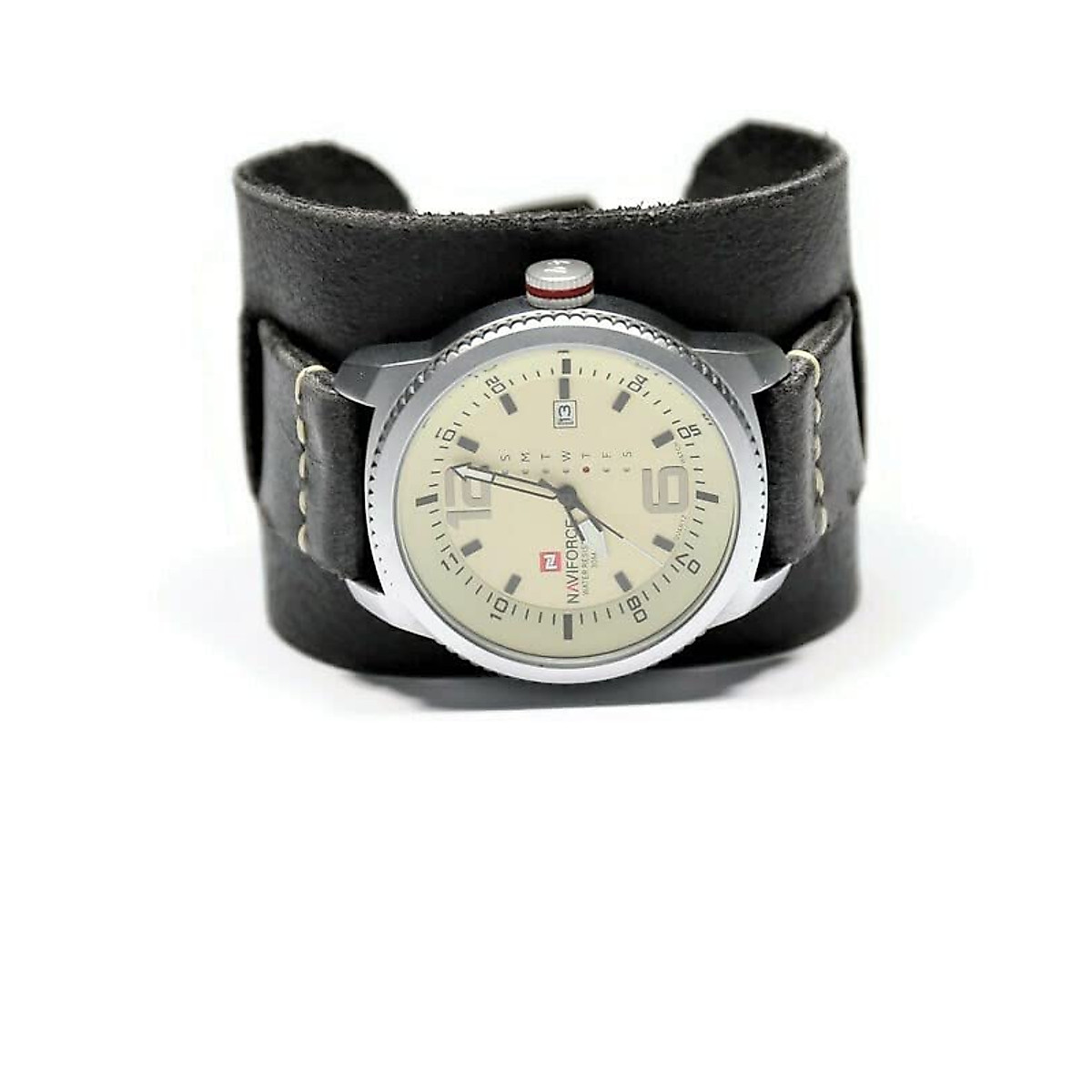 Cuff watch band - leather watch cuff strap black - aviator steampunk bands Handmade 18mm 20mm 22mm 24mm (22mm)